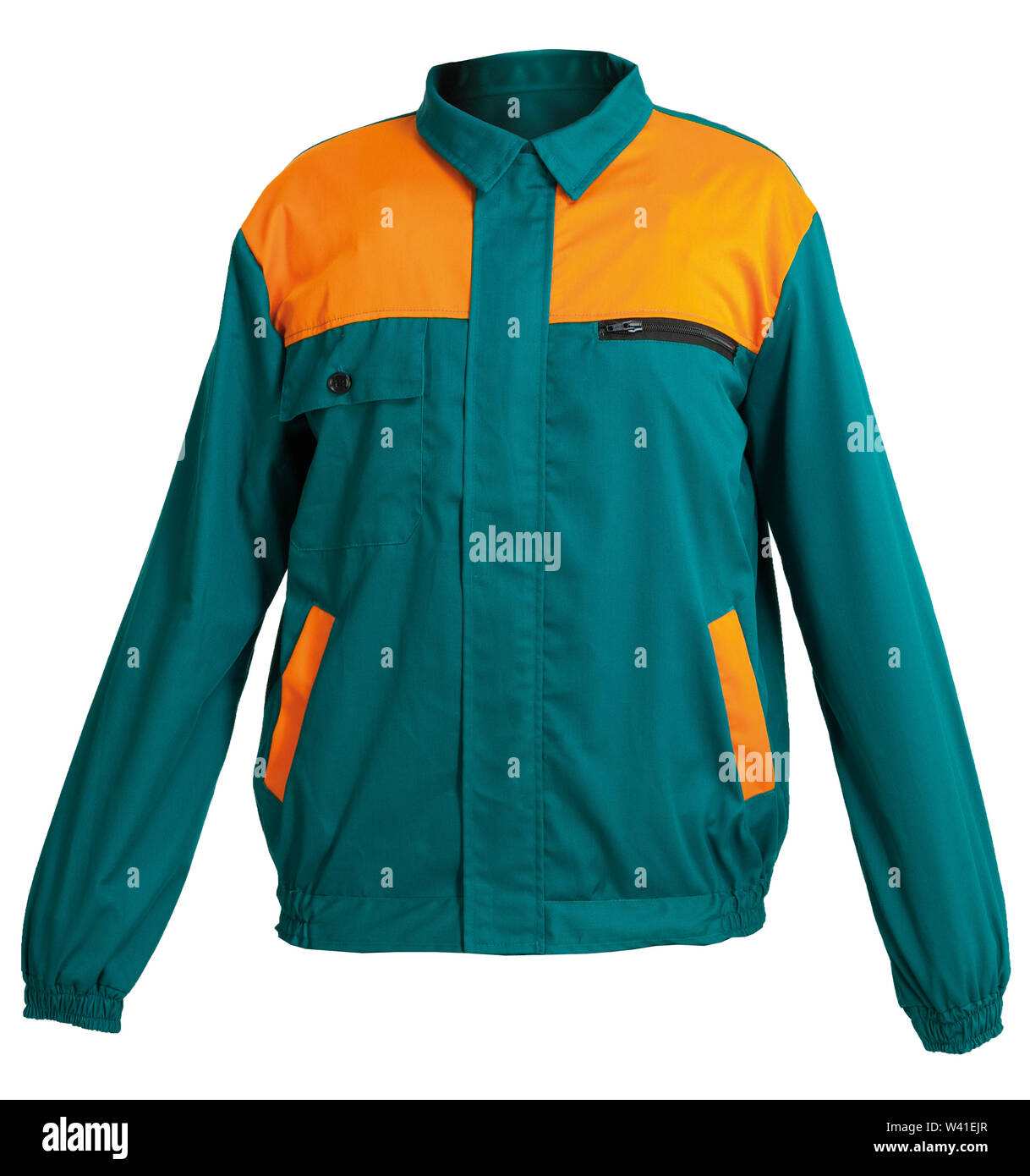 Protective working green and yellow jacket isolated on white background ...