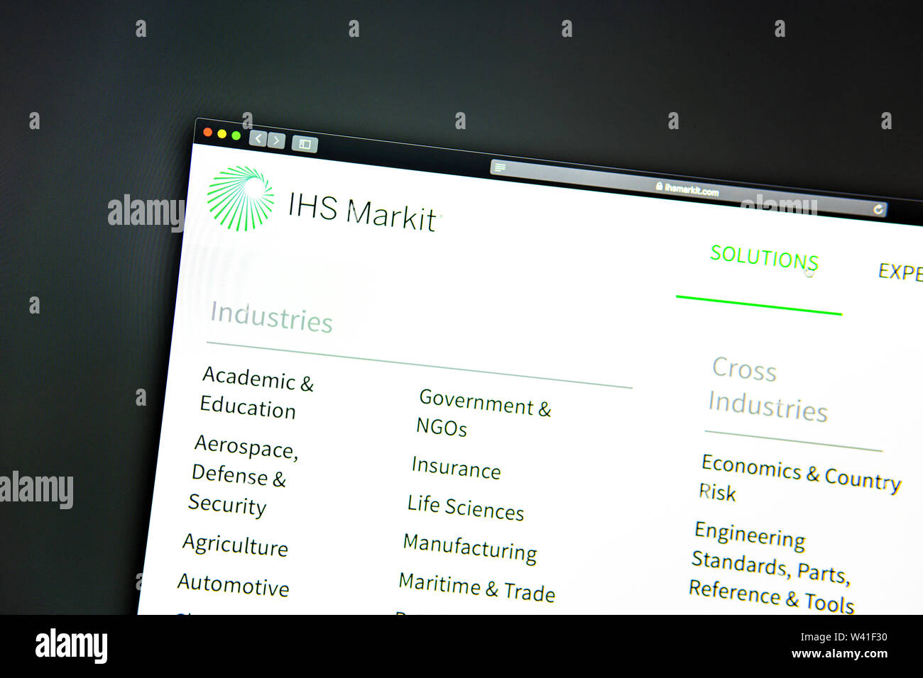 IHS company website homepage. Close up of IHS Markit logo. Can be used ...