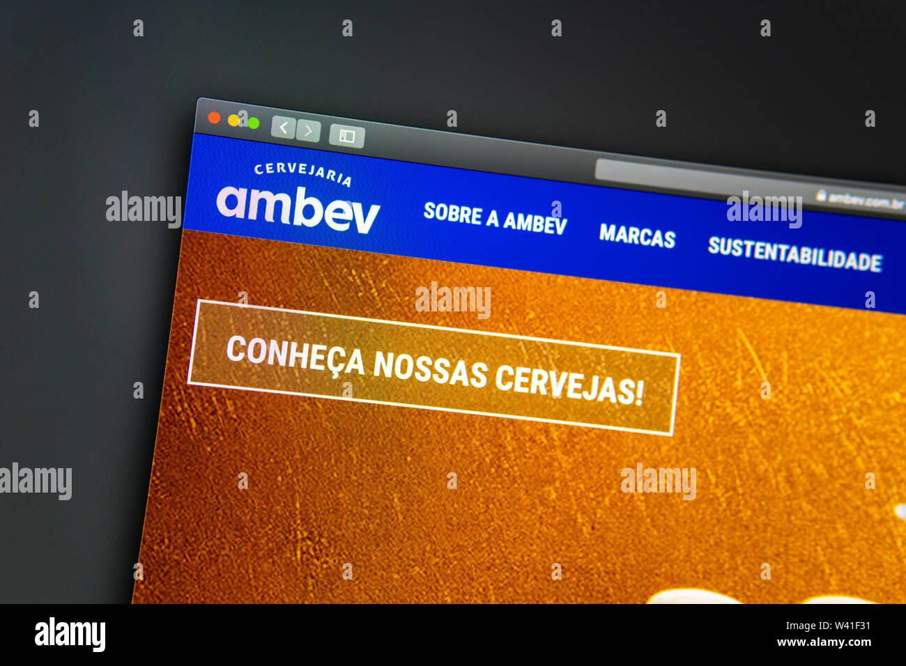 Ambev company website homepage. Close up of Ambev logo. Can be used as ...