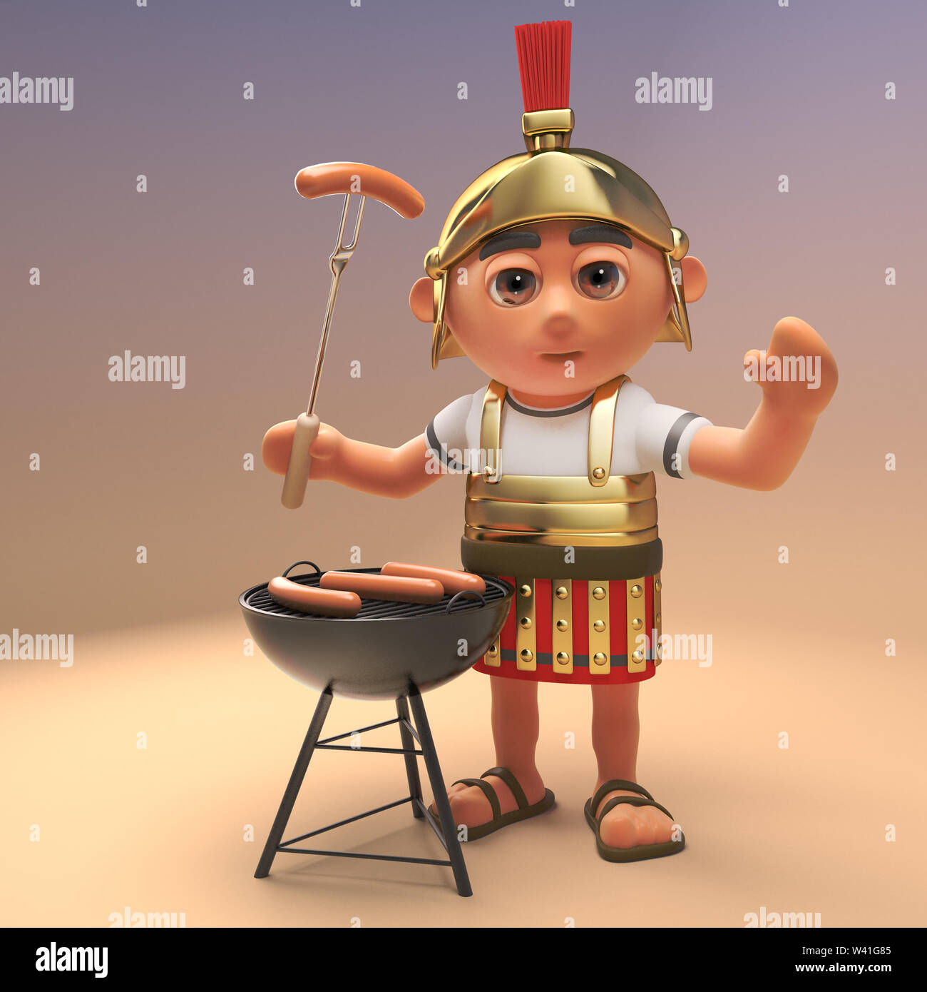 Hungry Roman legionnaire soldier in armour is cooking sausages on a ...
