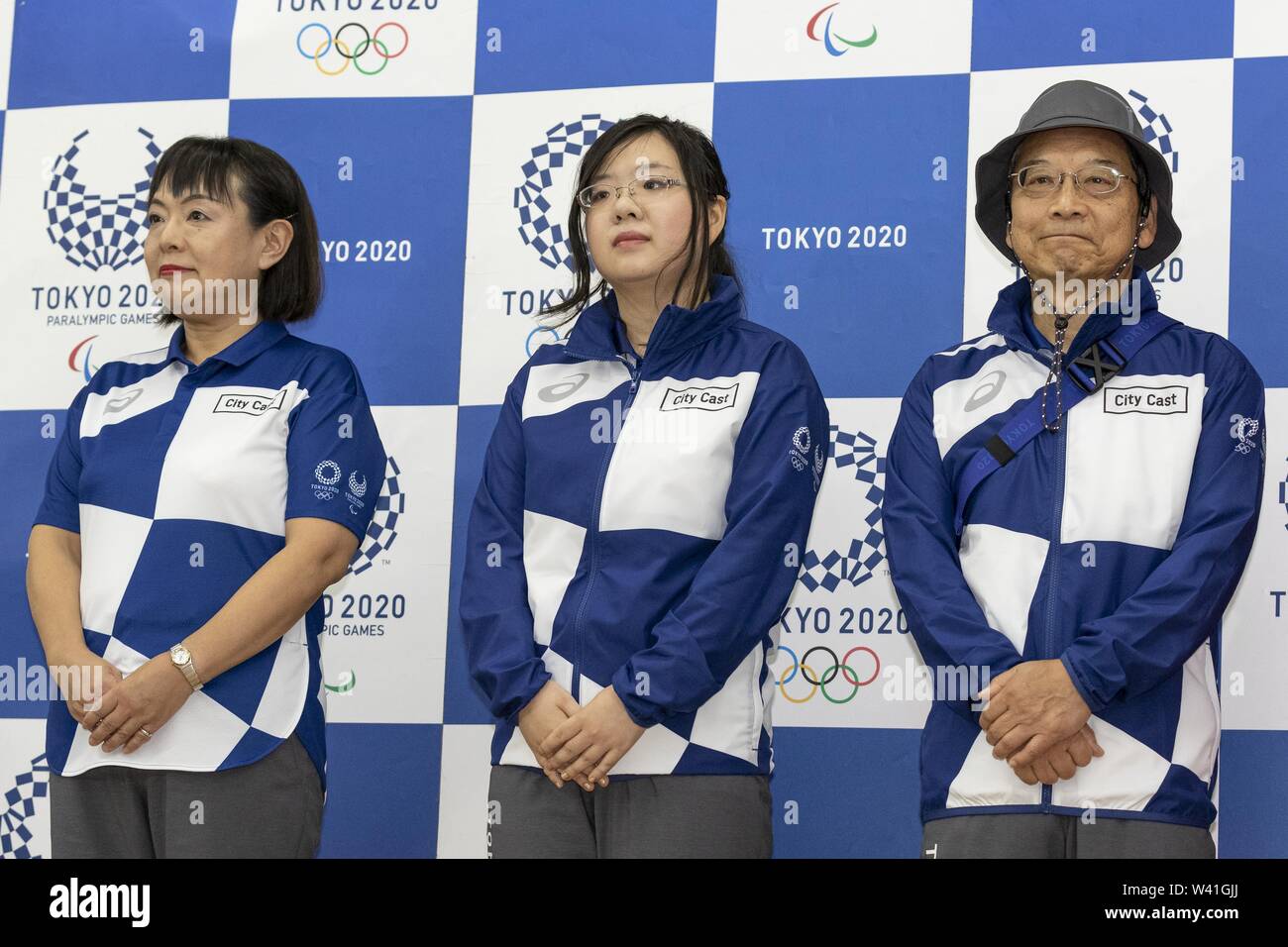 Tokyo, Japan. 19th July, 2019. City Volunteers pose for the cameras ...