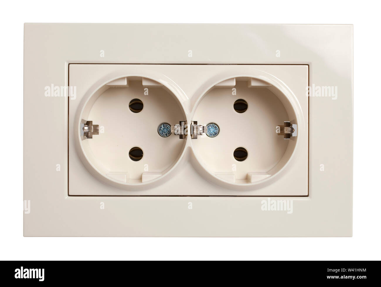 Front view of twin electrical outlet socket in beige, isolated on white ...