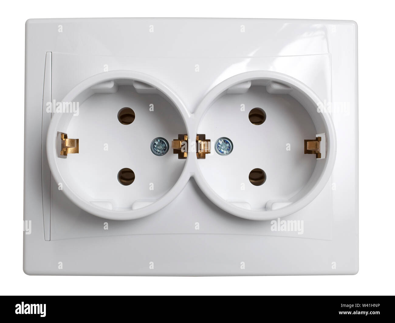 Front view of twin electrical outlet socket isolated on white ...