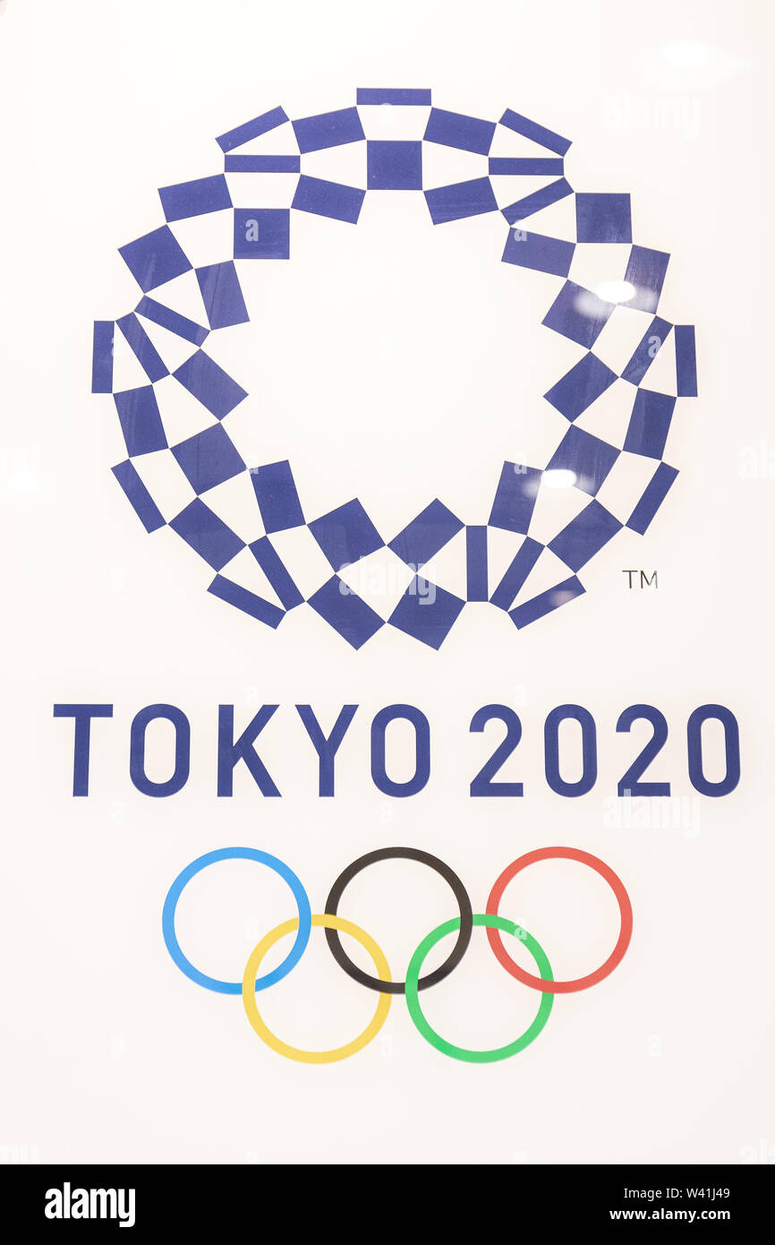 Tokyo, Japan. 19th July, 2019. A logo of Tokyo 2020 Olympic Games on ...