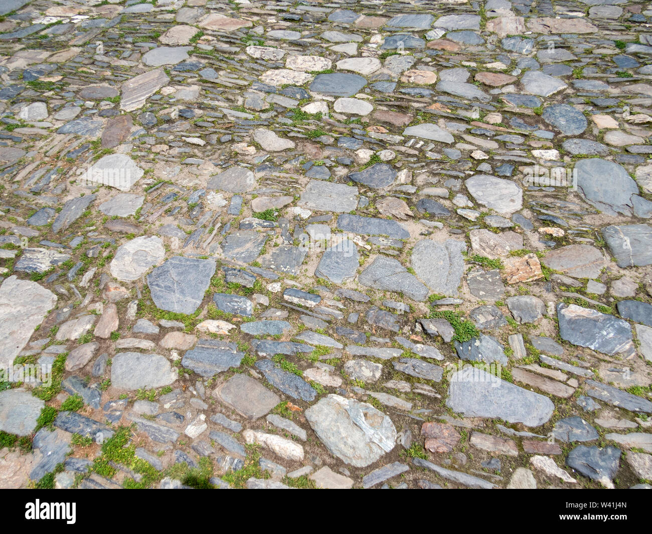 A cobblestone yard flooring background with green grass Stock Photo - Alamy