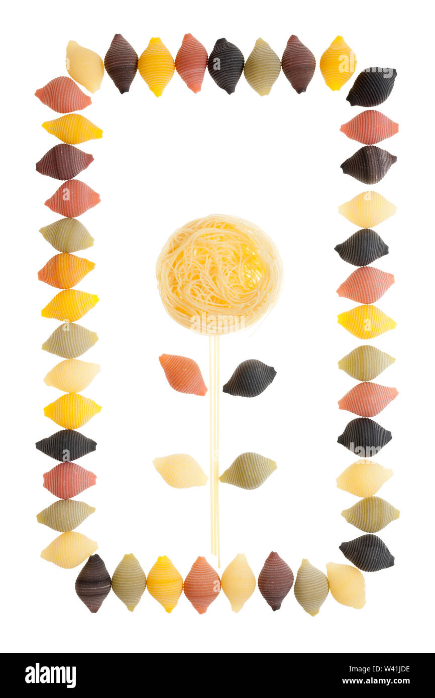 Decorative frame and flower from different kinds of pasta isolated on ...