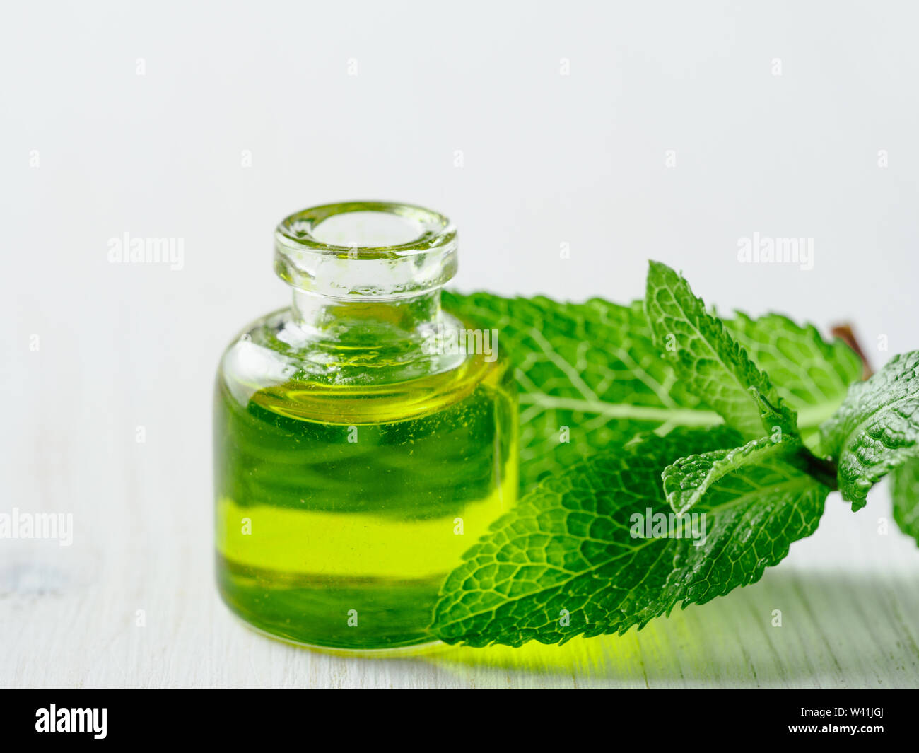 Organic essential mint oil or melissa oil with green leaves of mint ...