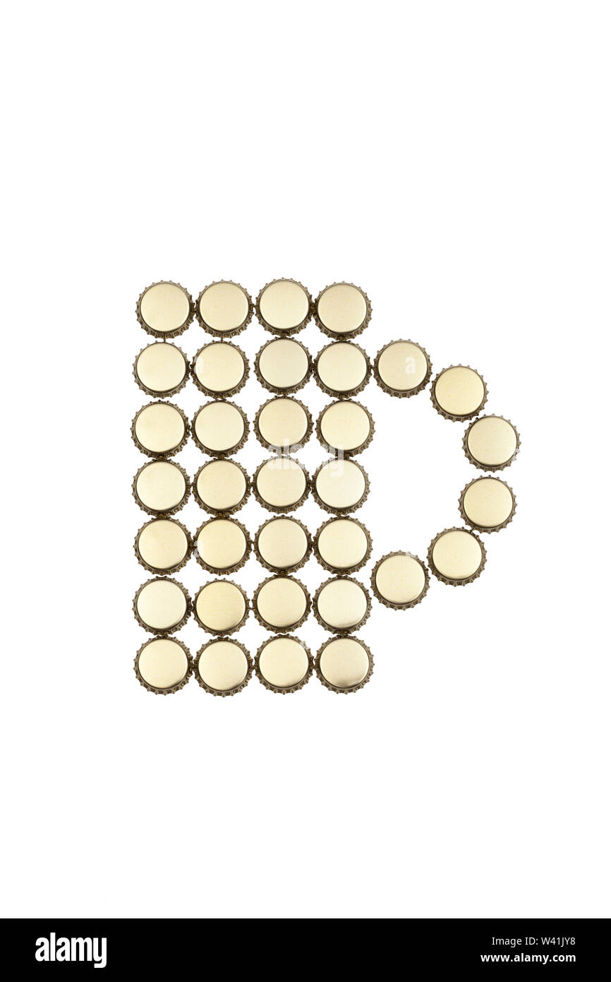 Stylized image of mug of beer, created from metal bottle caps, isolated ...