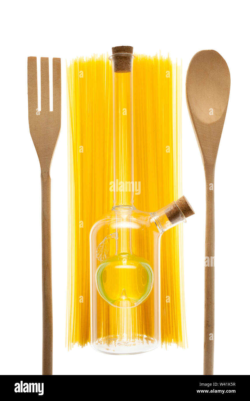 Spaghetti, bottle of olive oil and wooden kitchen set isolated on white ...