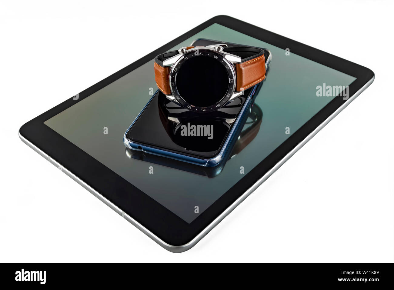Smartwatch keyboard wooden table Cut Out Stock Images & Pictures - Alamy