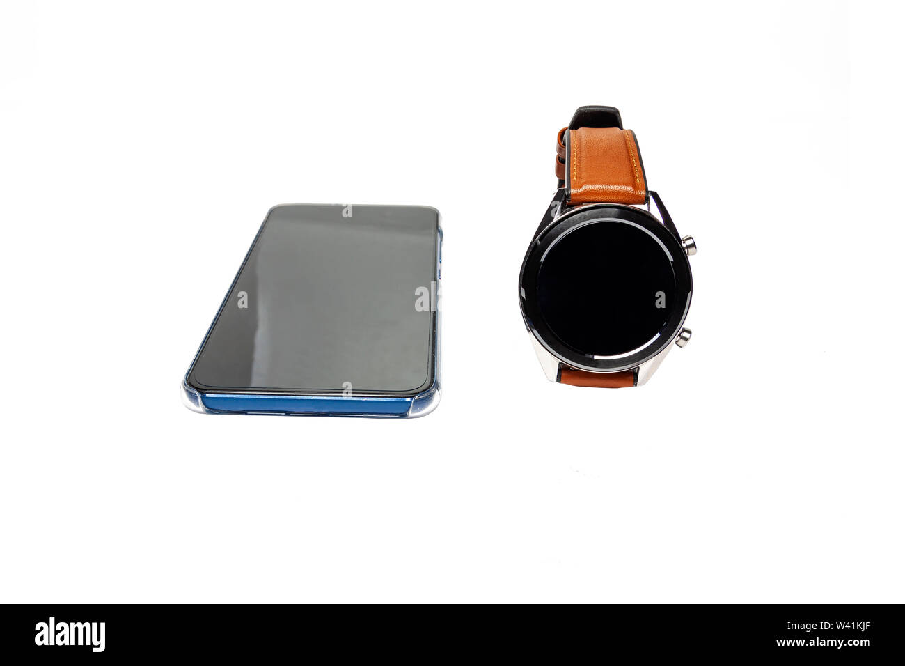Smartphone and smart watch on white background. Isolate Stock Photo - Alamy