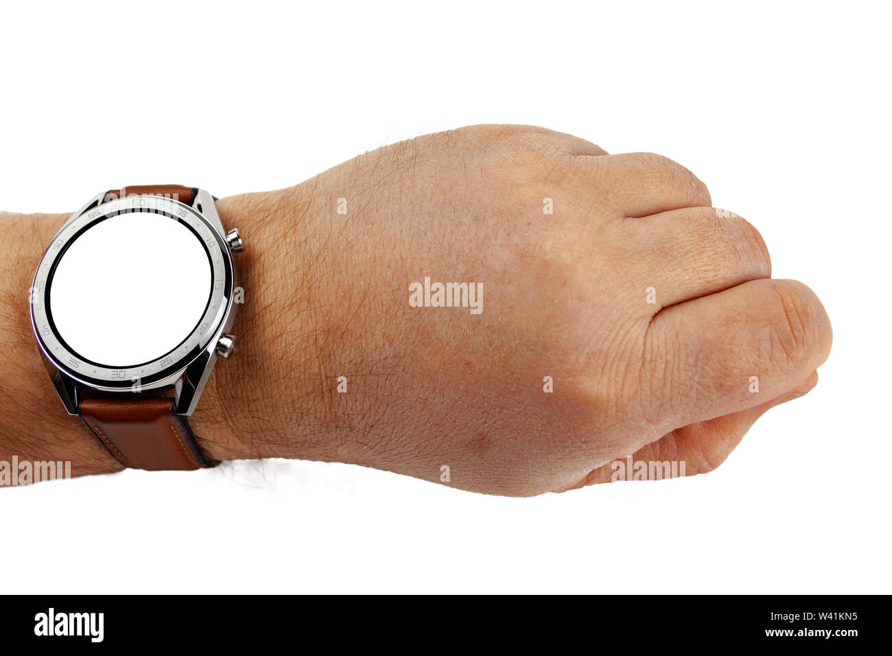 Smart watch on hand, close-up on a white background. With isolate on ...