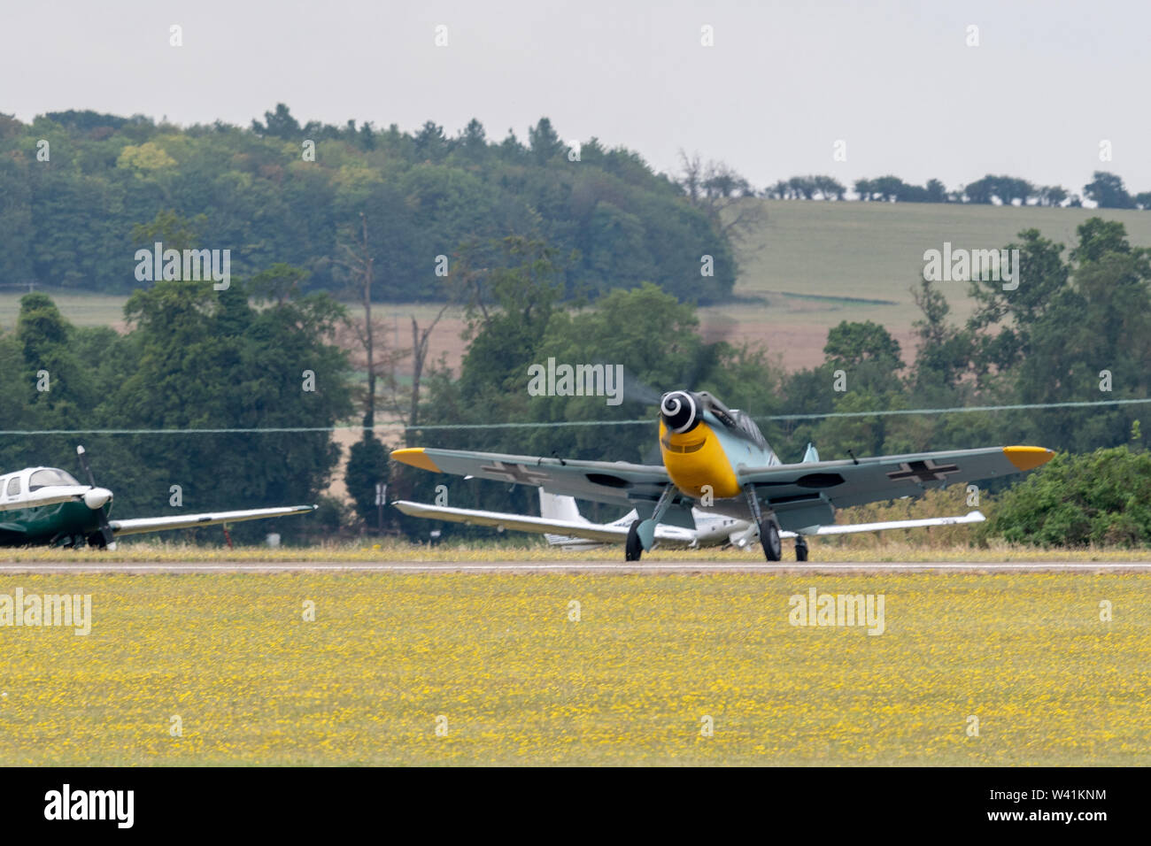 Hispano HA-112 MIL Buchon taking off at Flying Legends Stock Photo - Alamy