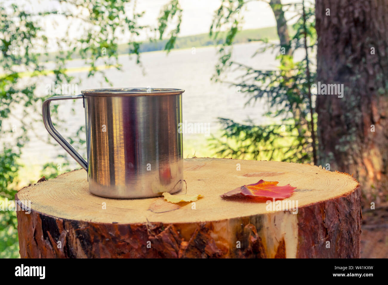 A metal tourist mug stands on a stump against the background of a large ...