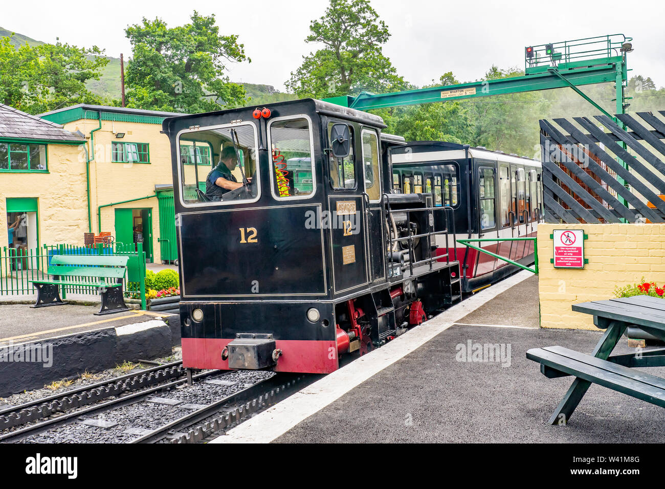 The number 12 diesel train on the Mount Snowdon Railway line reversing ...
