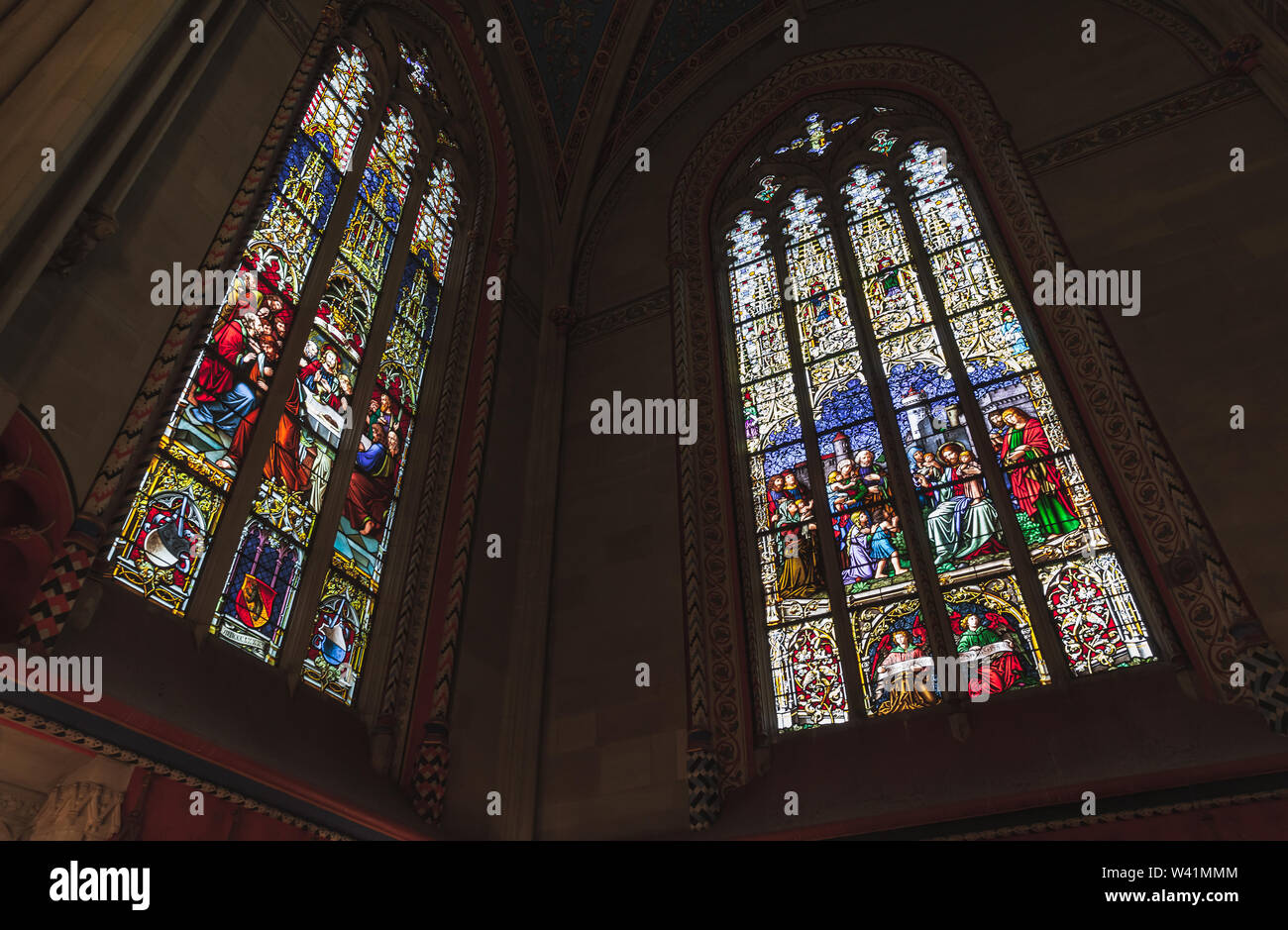 Geneva, Switzerland - November 26, 2016: Stained glass windows of St ...