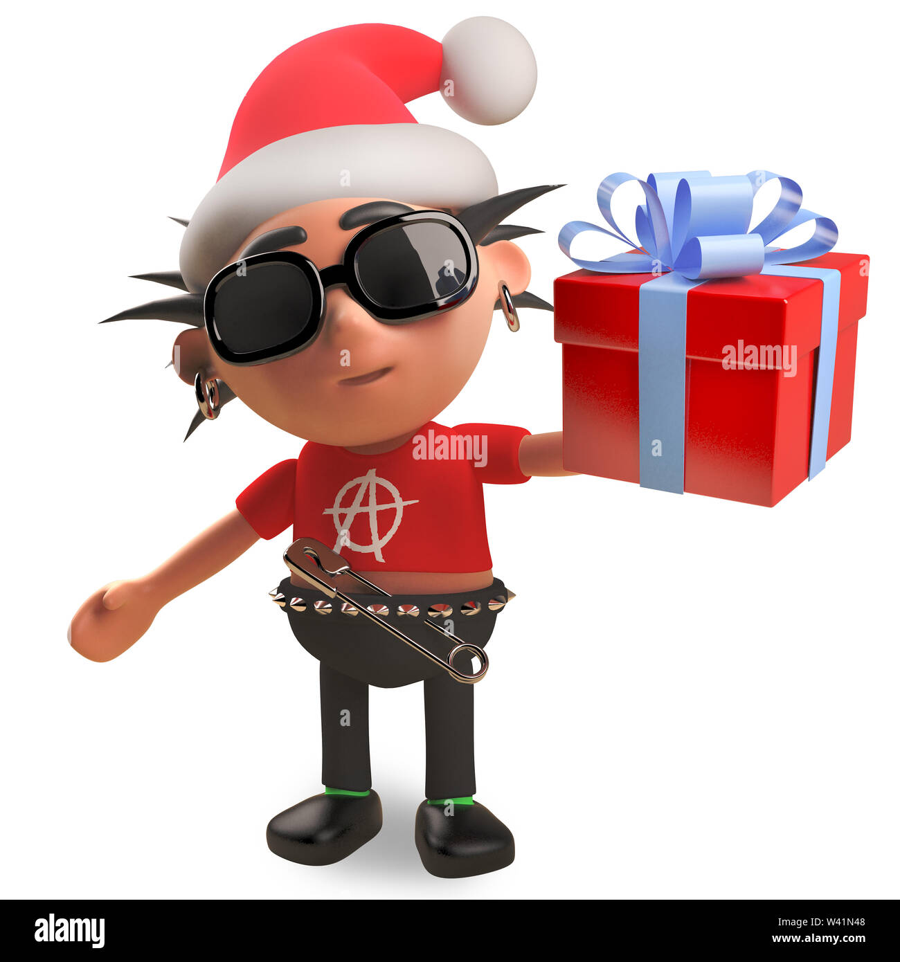 Punk rocker with spikey hair wearing a Christmas Santa hat and holding ...