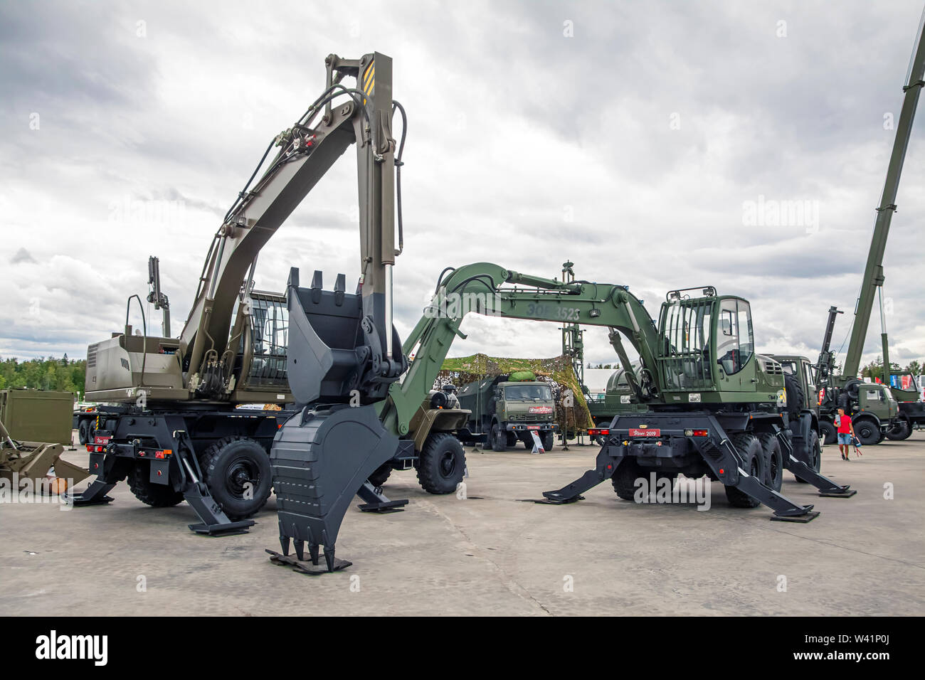 Moscow Russia 30.06.2019 Engineering troops, two military excavator ...