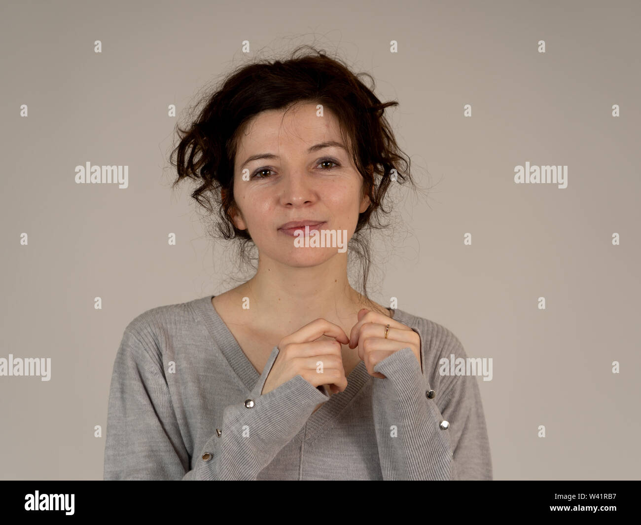 Portrait of attractive young caucasian woman with happy face and ...