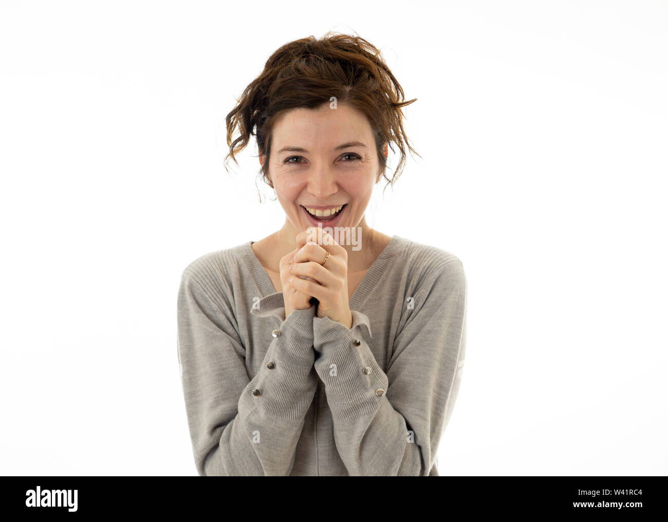 Portrait of attractive young caucasian woman with happy face and ...
