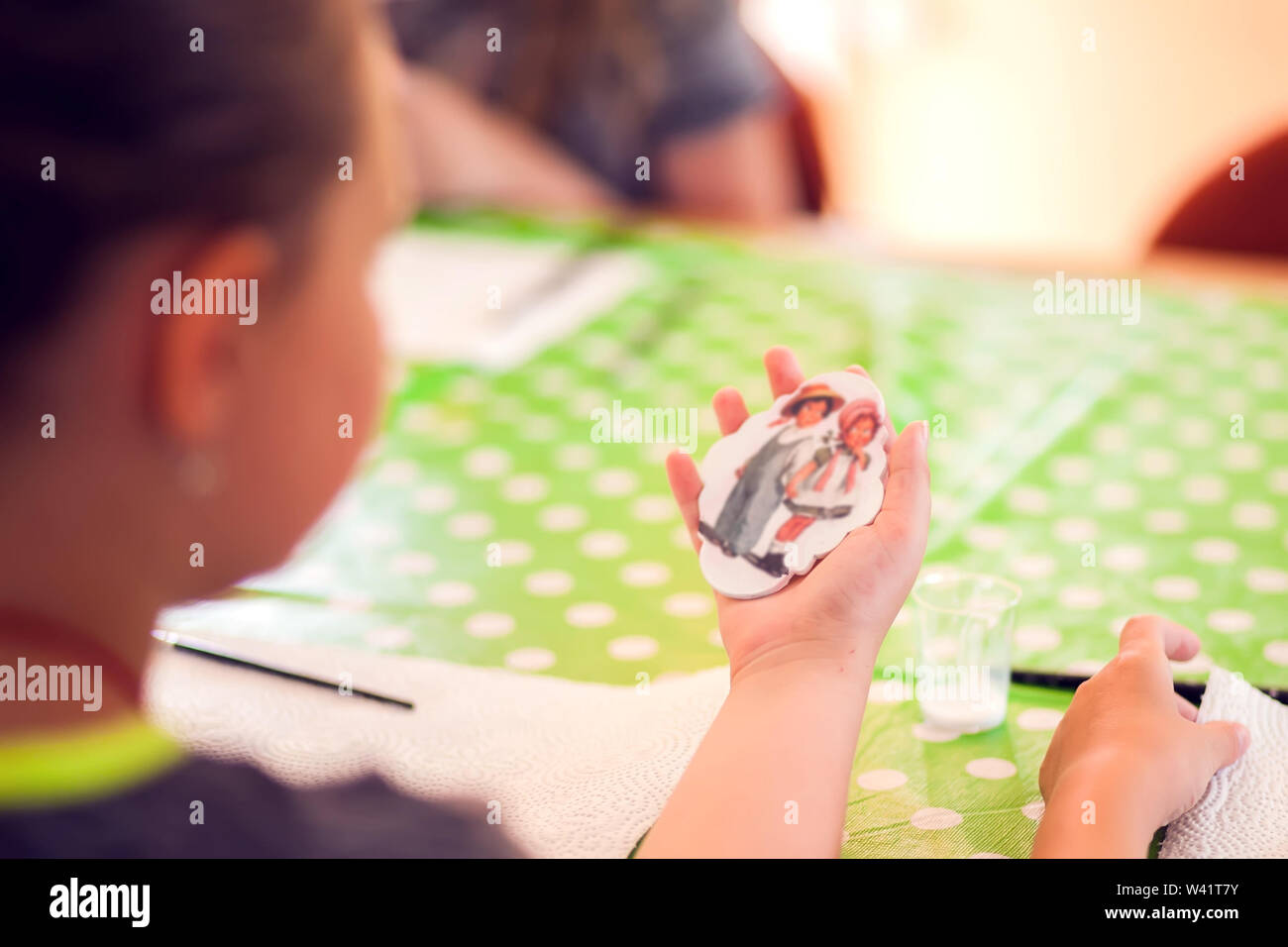 Children hands making artworks with wood and paint crafts. workplace ...