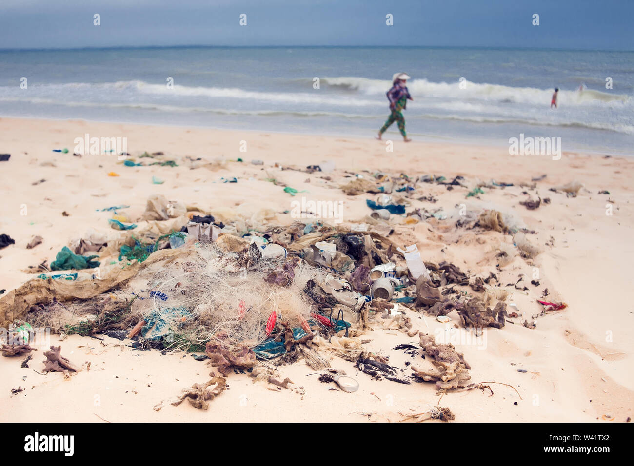 Garbage on a beach, environmental pollution concept picture Stock Photo ...