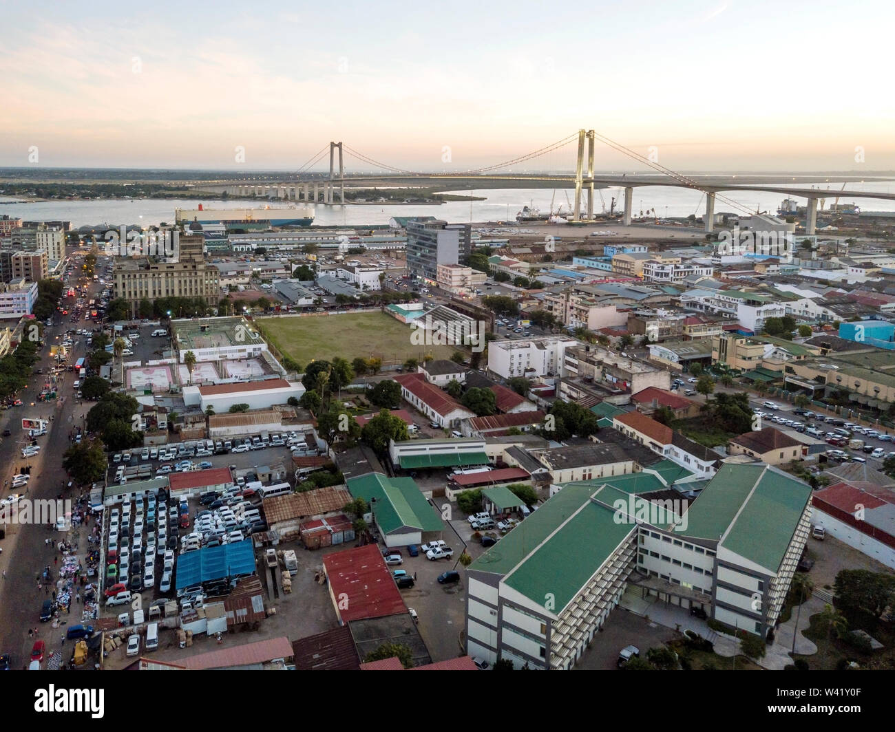 Aerial view of skyline of Maputo with Golden Gate Bridge on the horizon ...