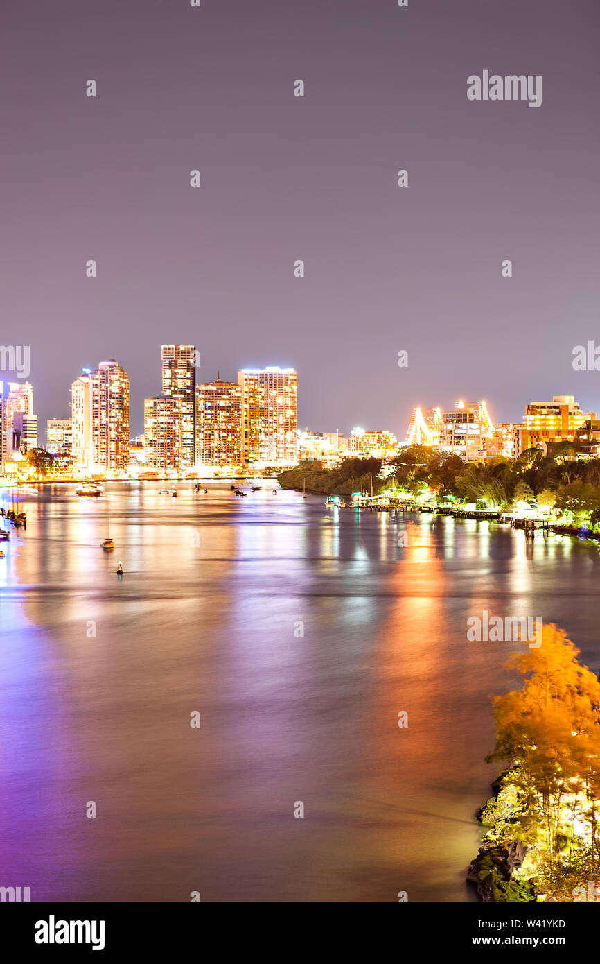 Night Brisbane city photo with illuminating bright lights brighten the ...