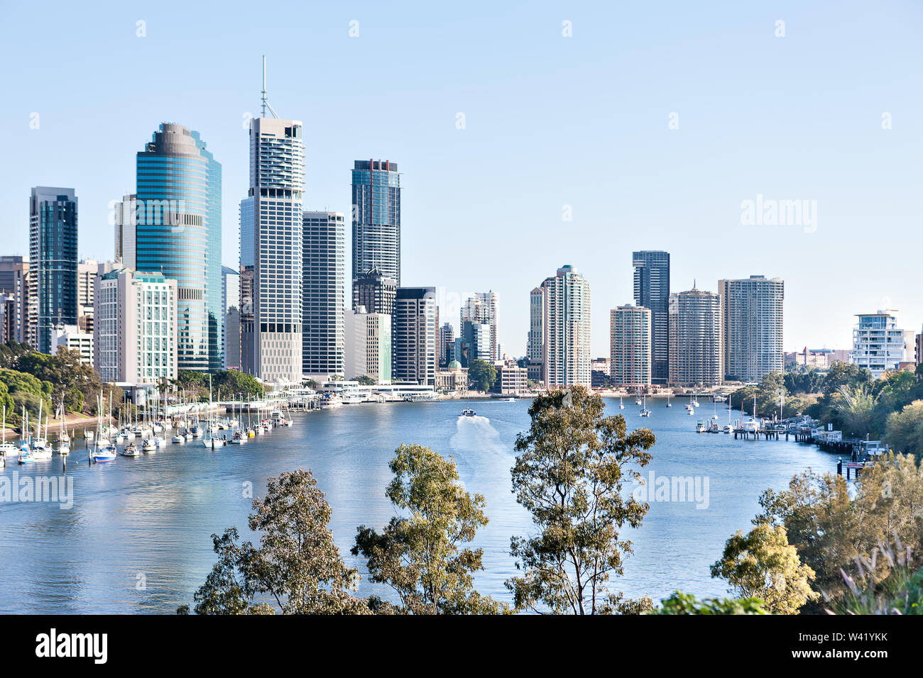 Brisbane City building with a river surrounded by trees at sunny day ...