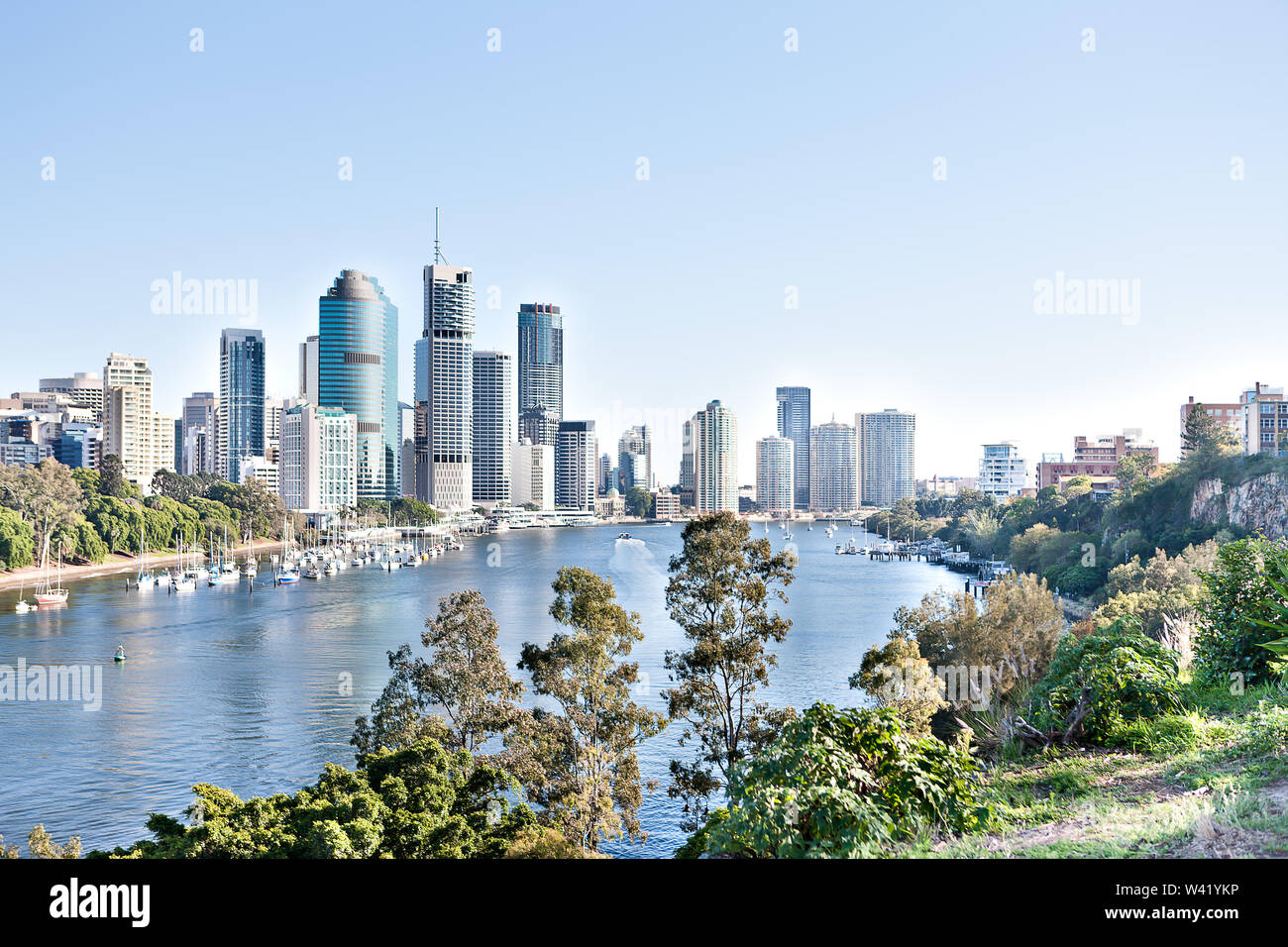 Brisbane City building with a river surrounded by trees at sunny day ...