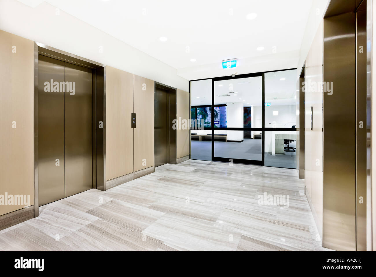 Modern silver elevator in a luxury building with closed glass door to ...