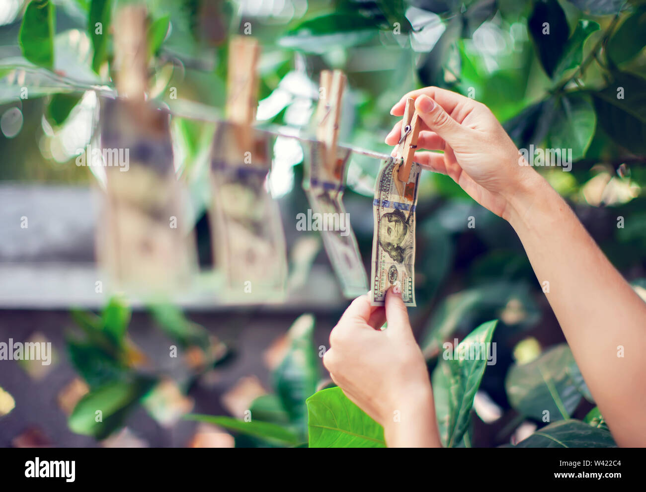 US dollar banknotes hanging on rope for money laundering conept hand ...