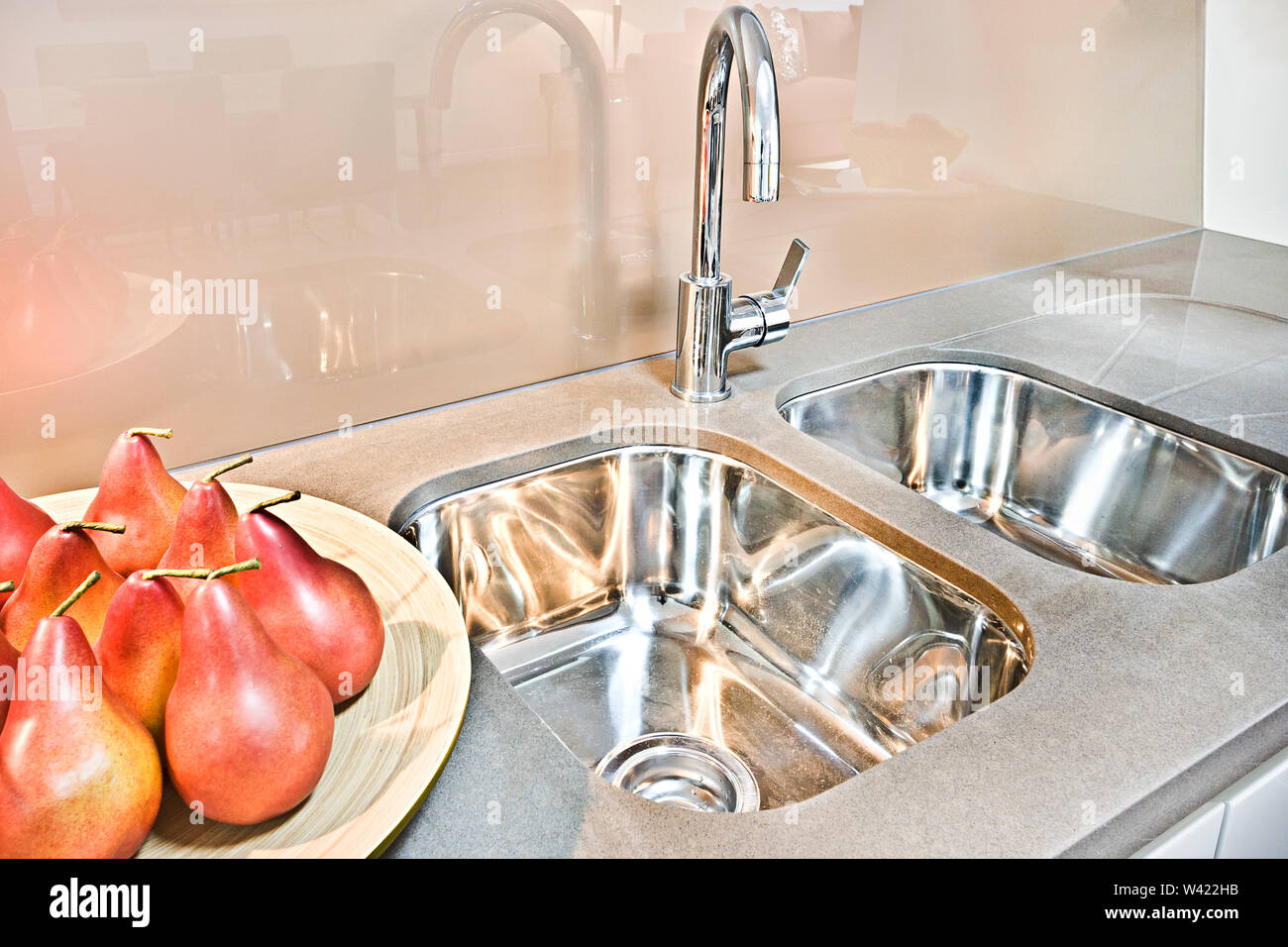 Luxury washbasin design on pantry cupboard near fruits, closeup ...