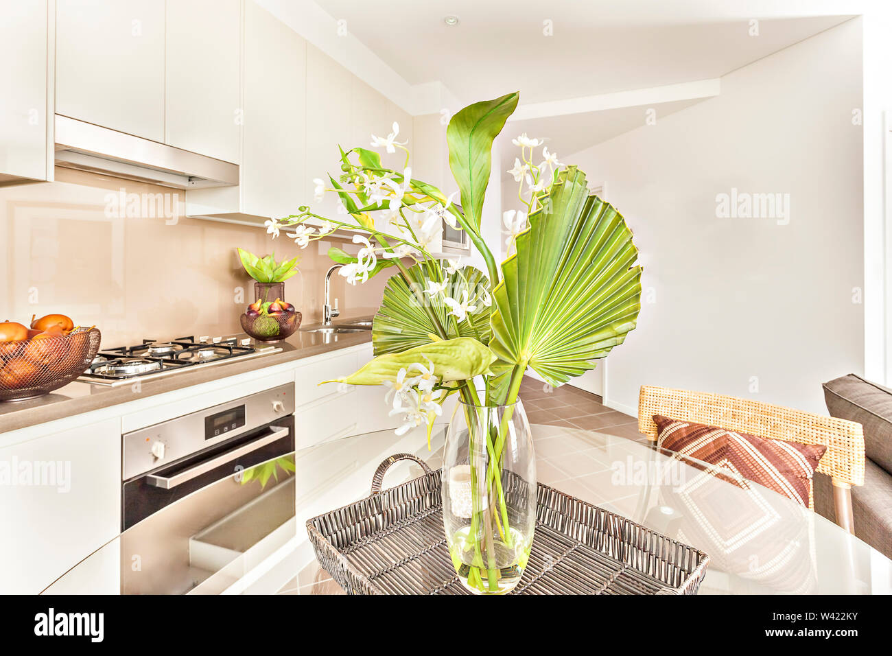 Flower pot closeup near kitchen with glass table, oven and gas cooker ...