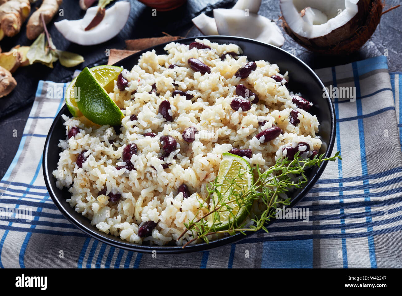 close-up of Jamaican Rice and Red Beans cooked with coconut milk ...