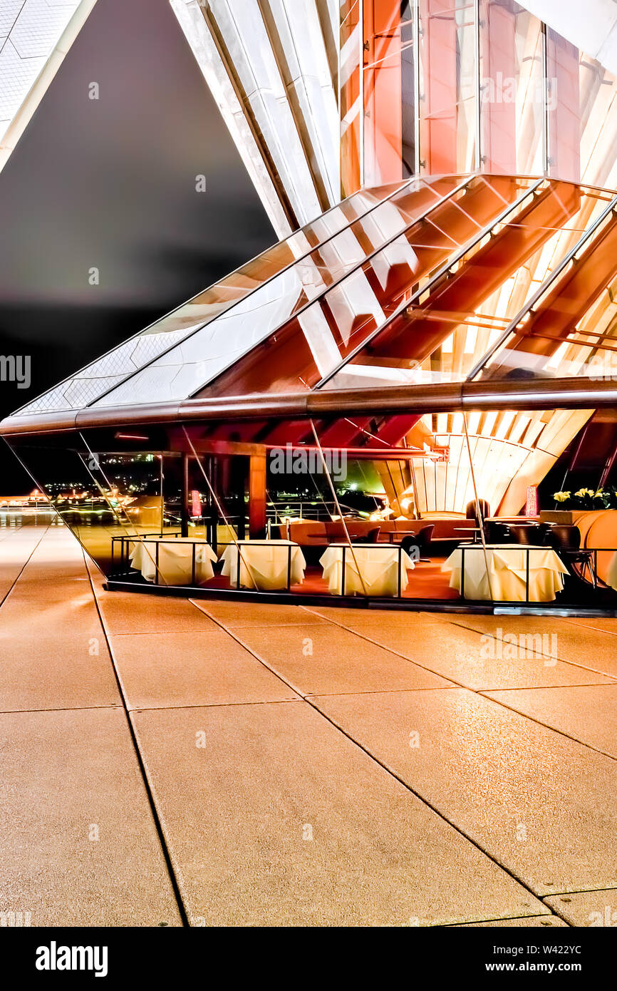 Sydney opera house floor tiles with city view through the glass walls ...