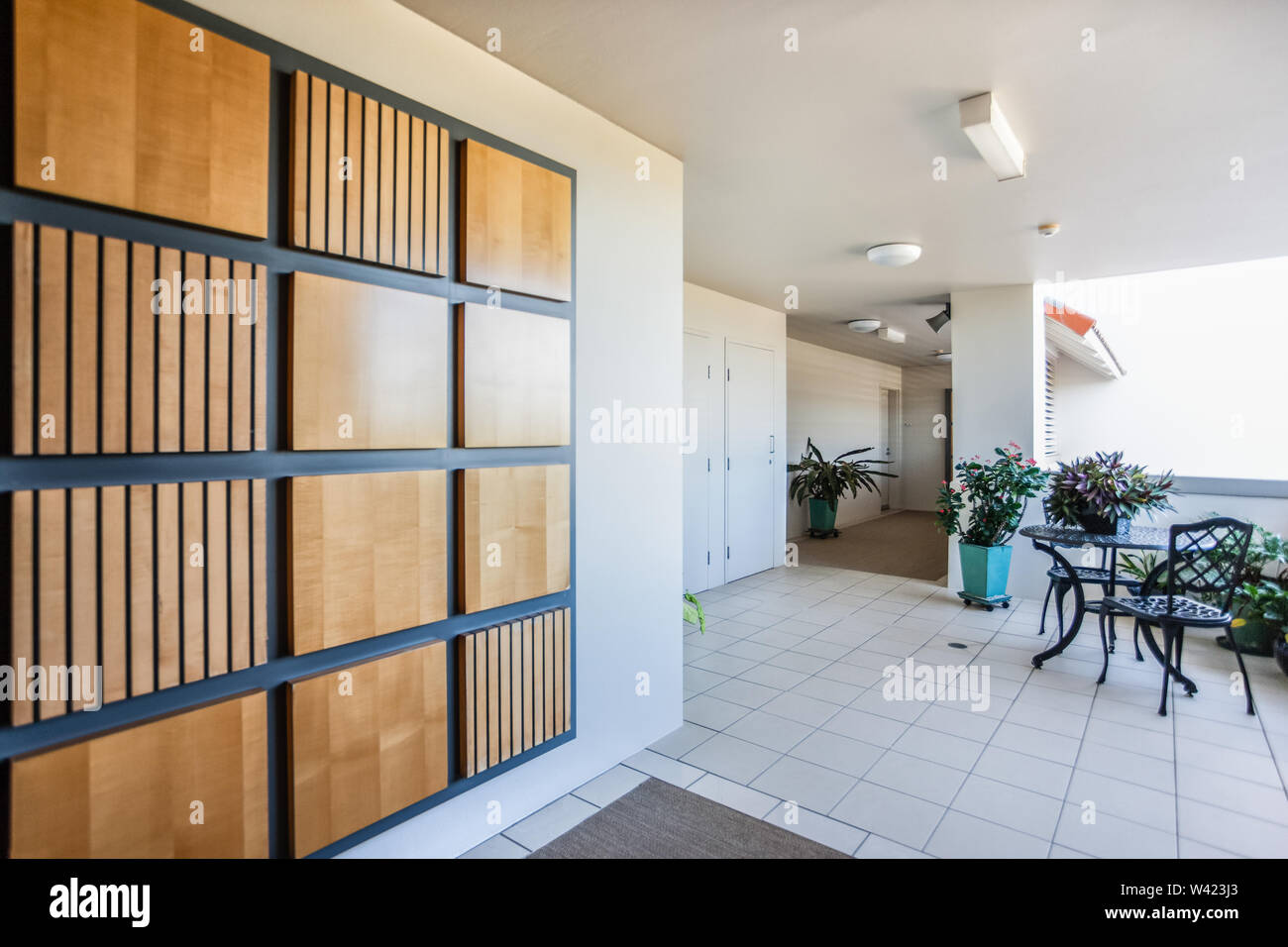 A view of the beautiful wooden panel décor mounted on a wall in the ...