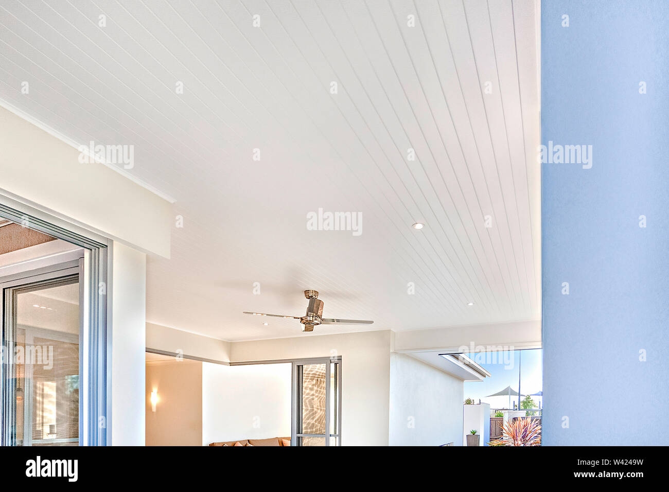 Modern house interior and outdoor environment with dining, garden and ...