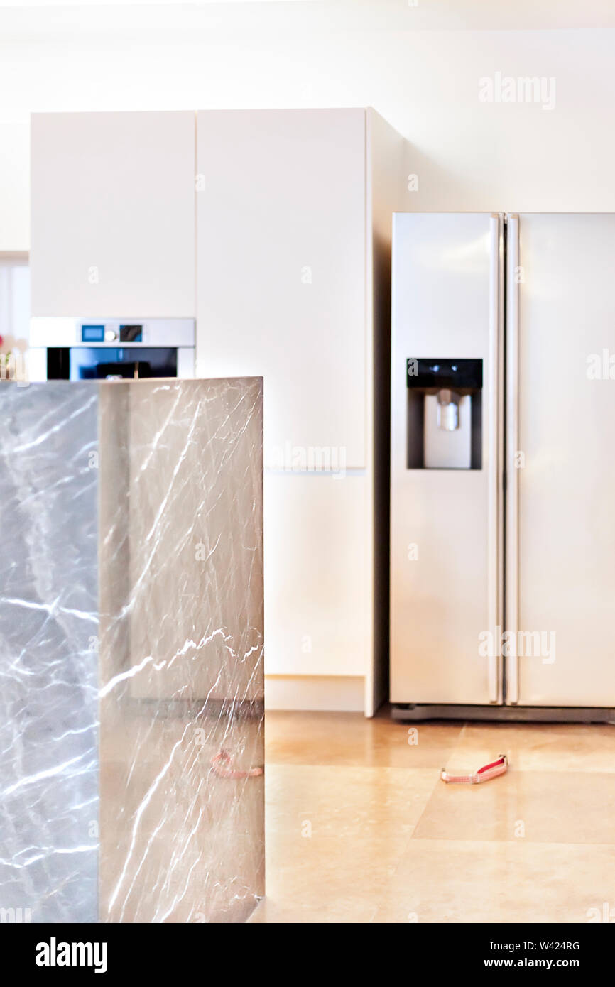 Modern kitchen tile wall with fridge and cupboard of a luxury house ...