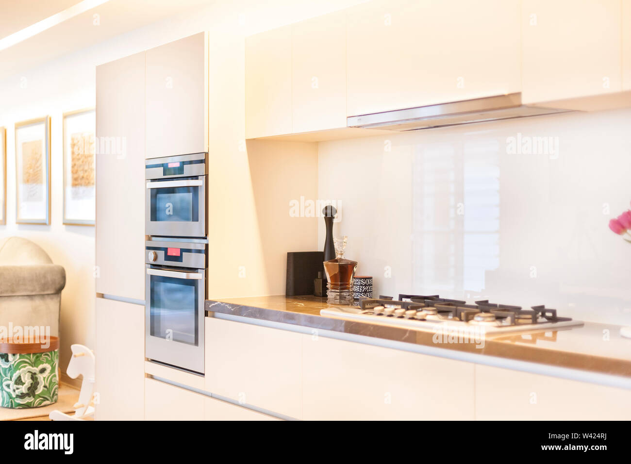 Modern kitchen counter stove and silver ovens with pantry cupboards ...