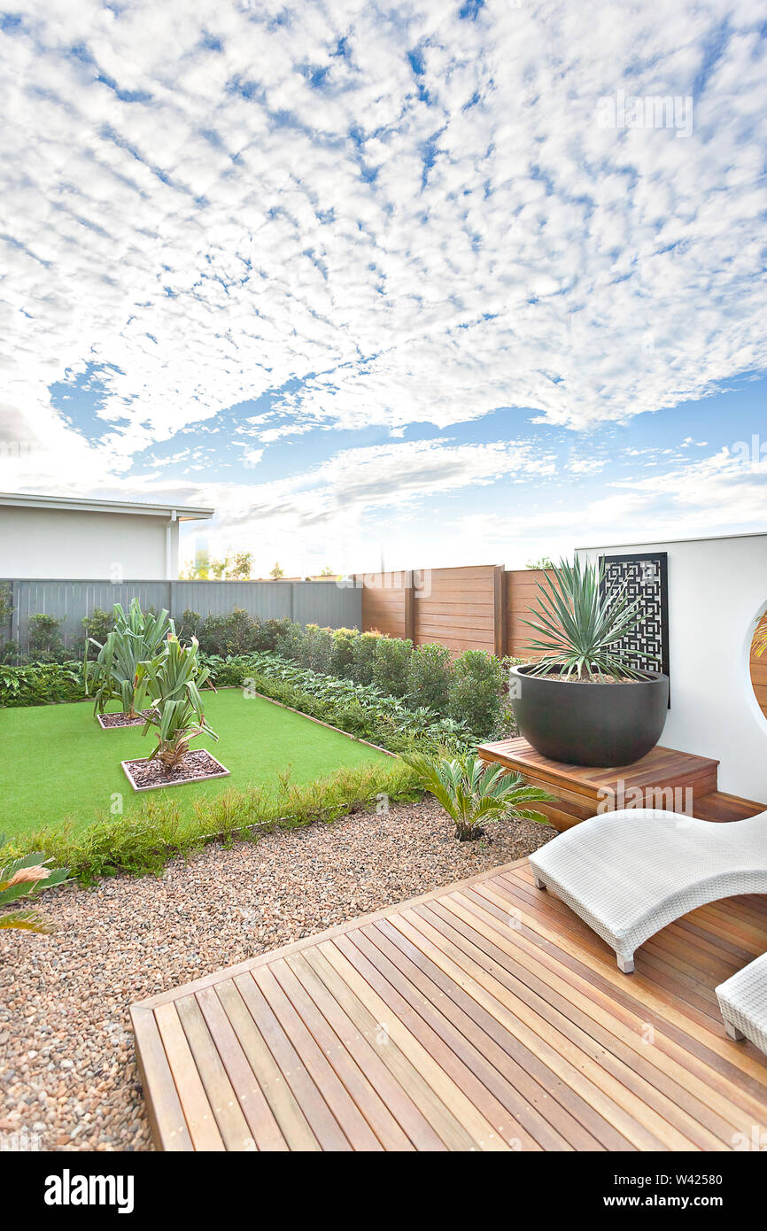 Modern garden view with perfect time sunlight illumination, including ...