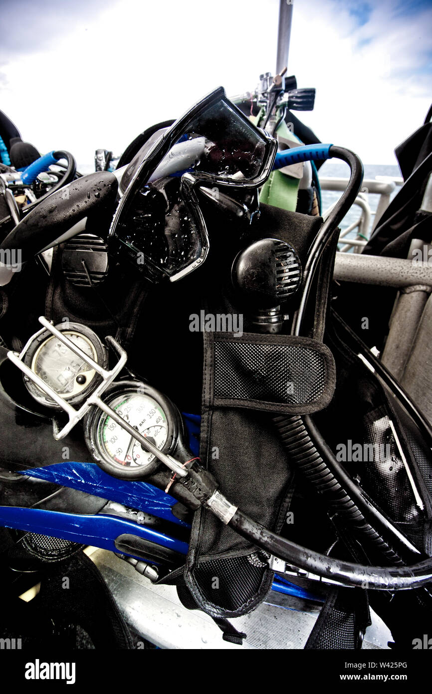 Modern diving equipment with goggles and oxygen tank pressure gauge ...