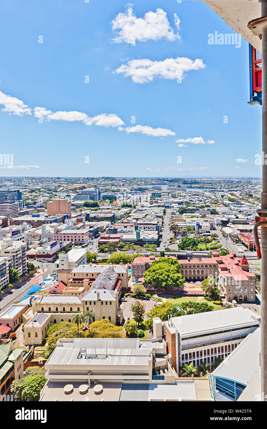 High angle city view with colorful buildings, business town including ...