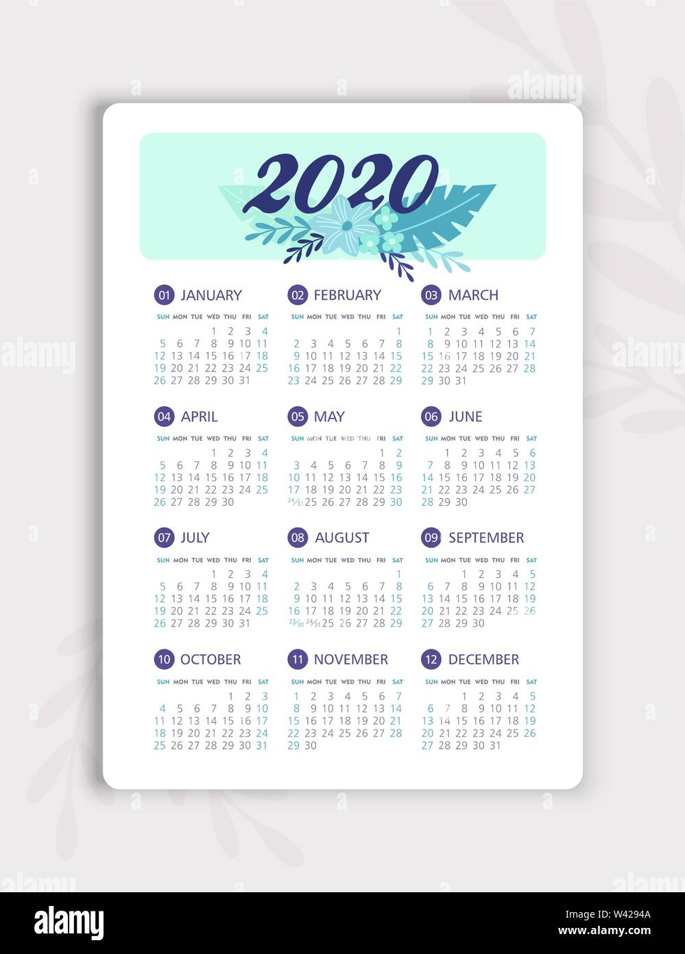 Calendar 2020 year. Color vector template. Week starts on Sunday. Basic ...