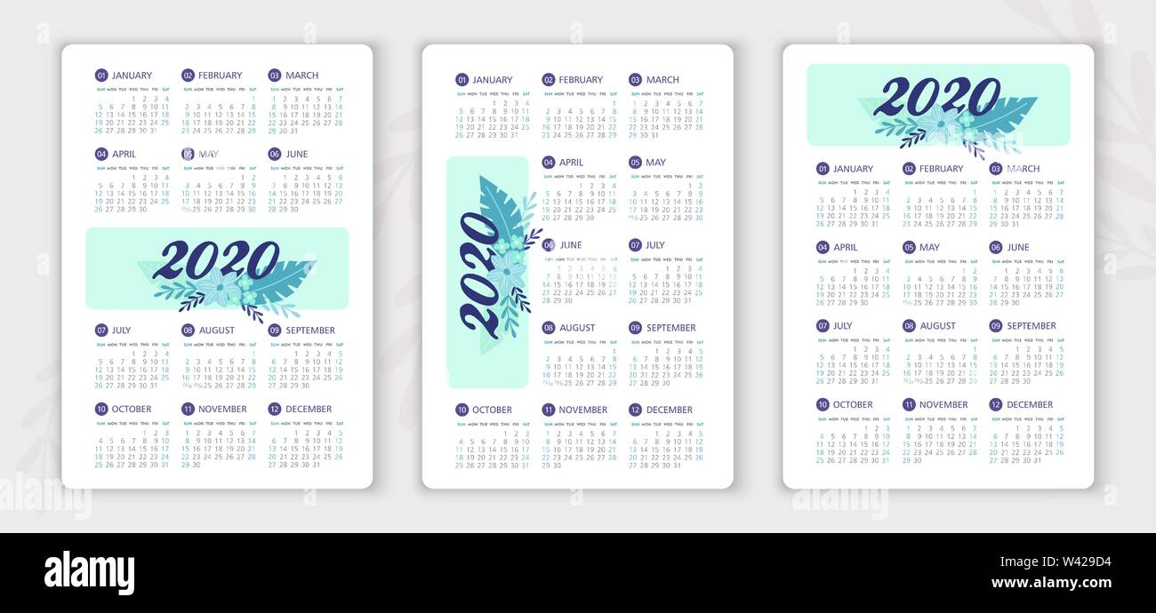 Calendar 2020 year. Color vector template. Week starts on Sunday. Basic ...