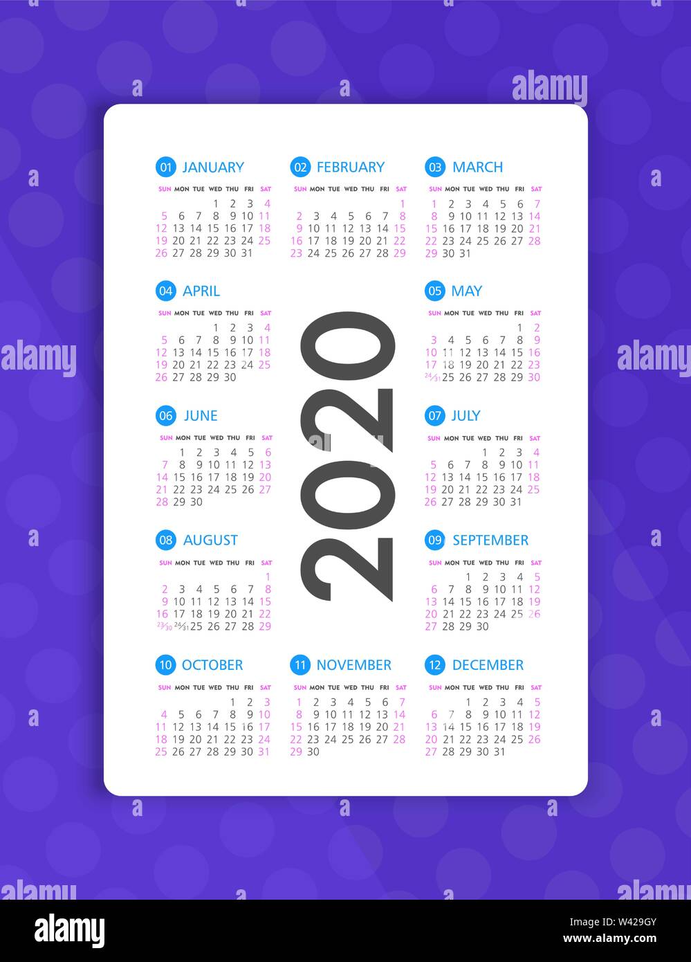 Calendar 2020 year. Color vector template. Week starts on Sunday. Basic ...