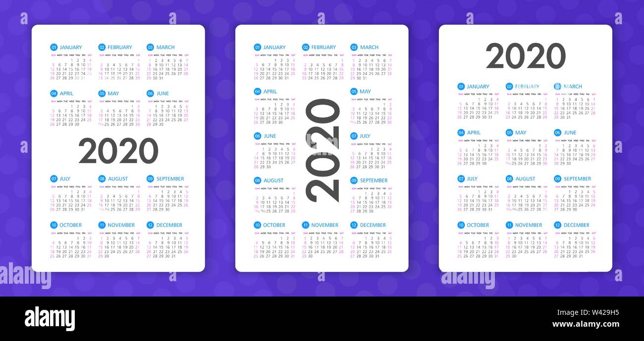 Calendar 2020 year. Color vector template. Week starts on Sunday. Basic ...