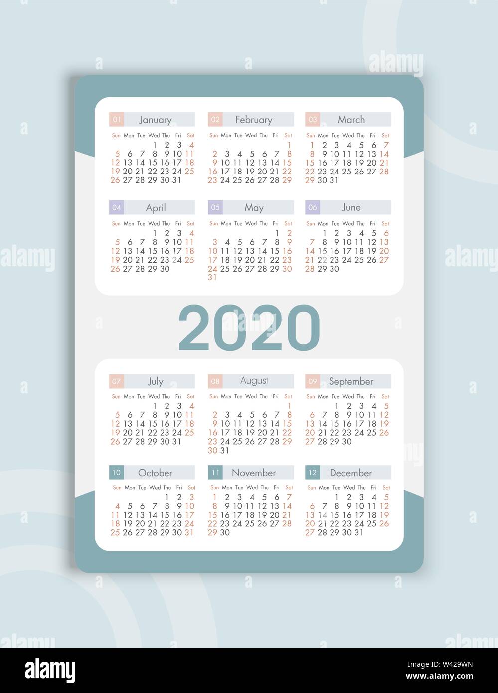 Calendar 2020 year. Color vector template. Week starts on Sunday. Basic ...