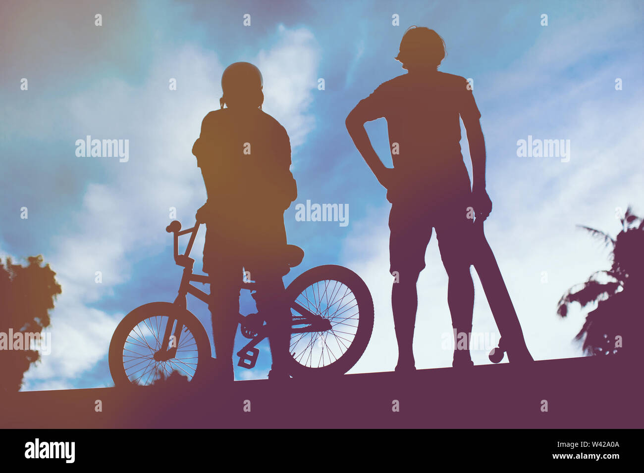 Rear view of two young man bmx bike and skateboard Stock Photo - Alamy