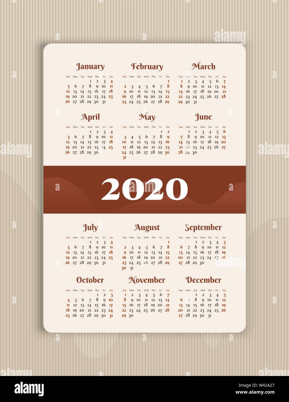 Calendar 2020 year. Color vector template. Week starts on Sunday. Basic ...